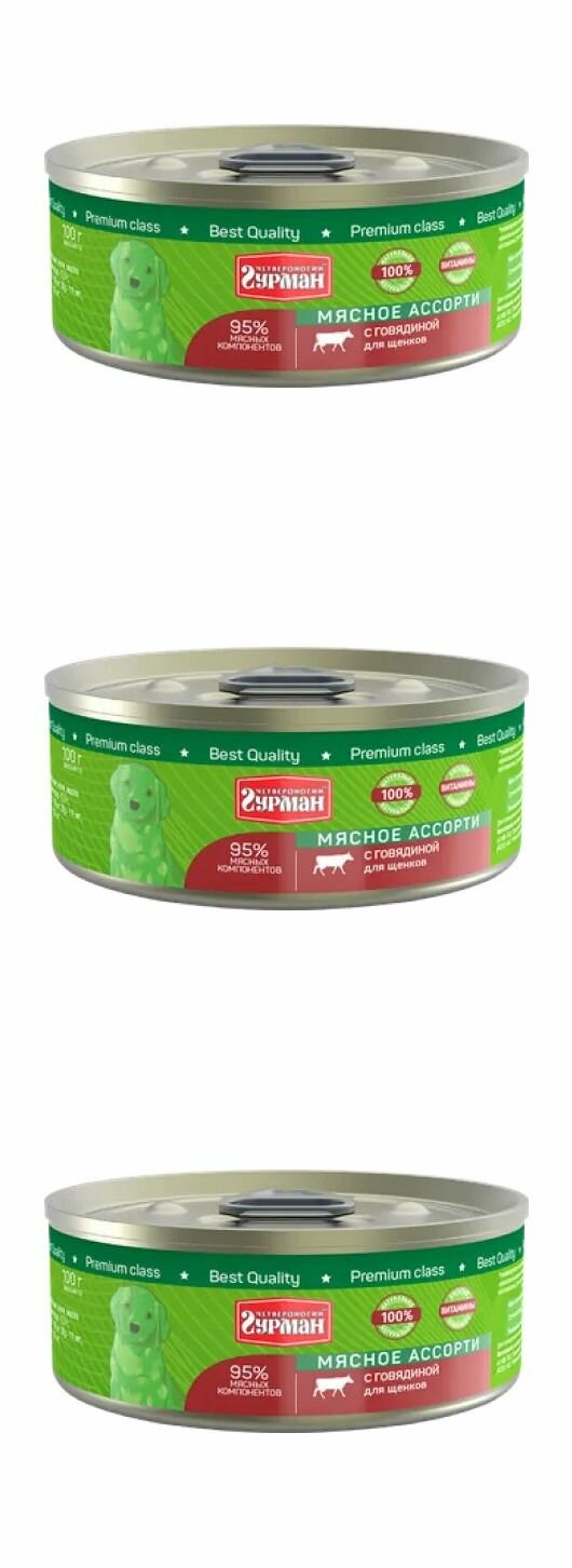 Четвероногий Гурман Мясное Ассорти с говядиной, для щенков, 100 г , 3 шт