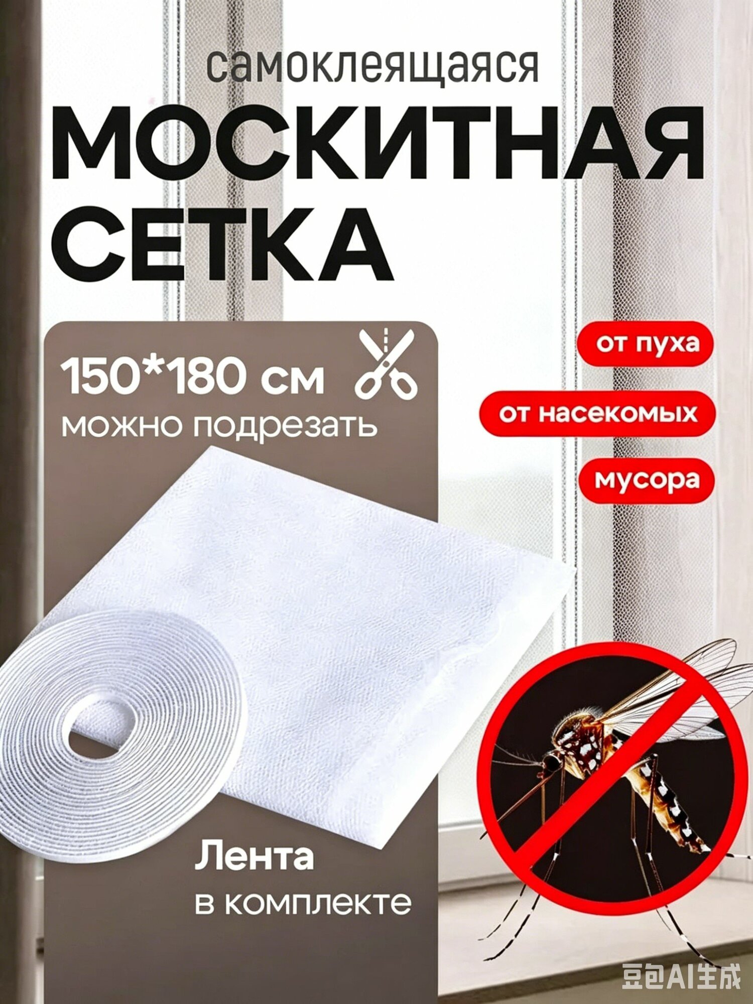Сетка москитная на окно самоклеящаяся 150х180 см