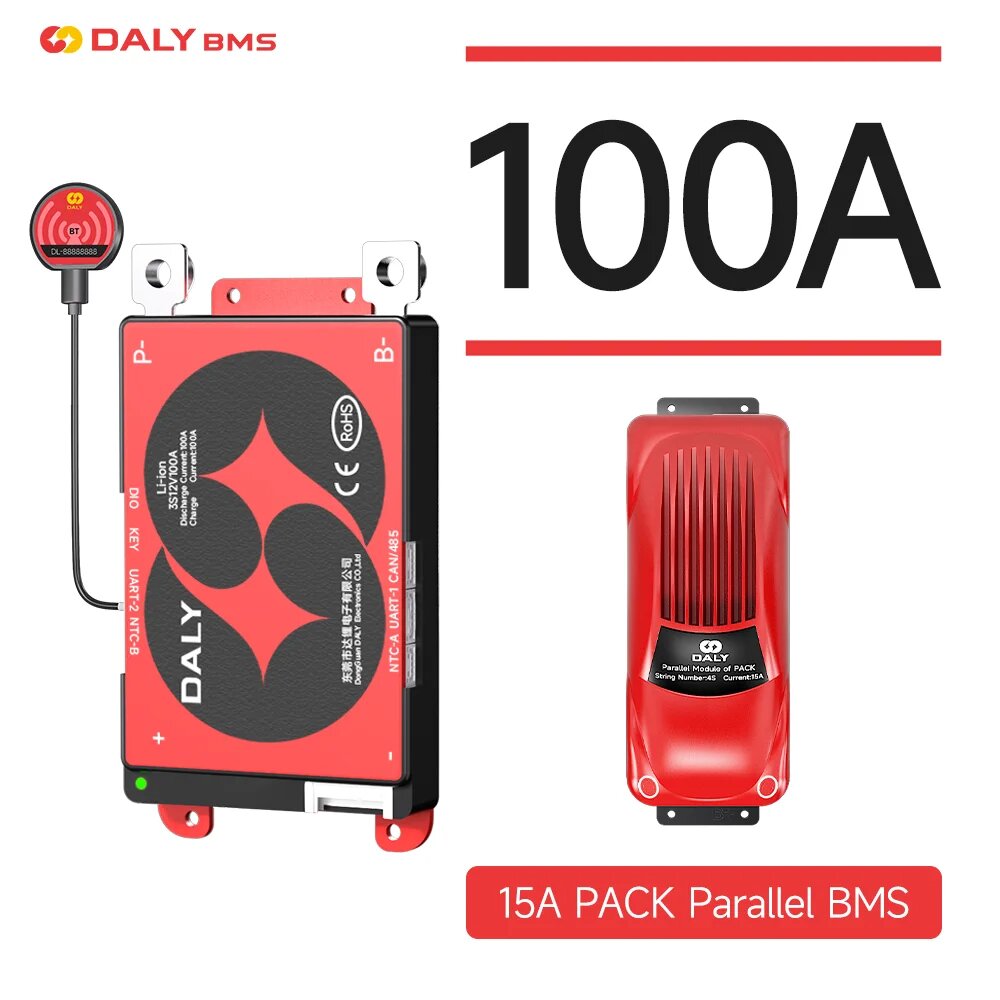 DALYBMS Smart BMS для литий-ионных аккумуляторов LiFePo4 4S 12V BT, 100A Parallel 15A