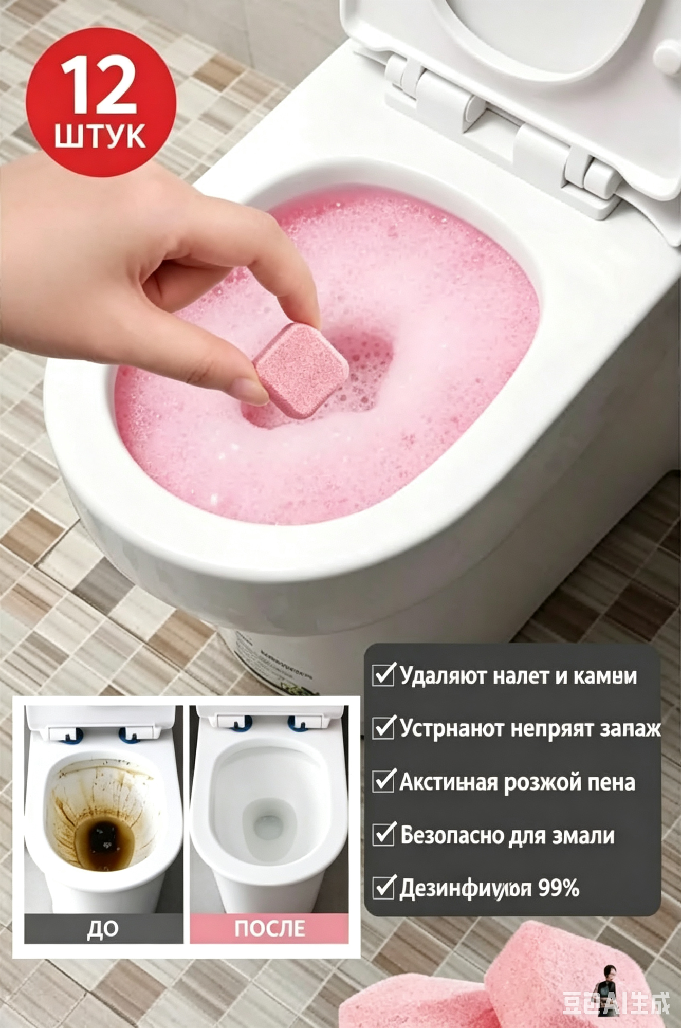 Шипучие таблетки для чистки унитаза для быстрого удаления пятен мочи 12 шт.
