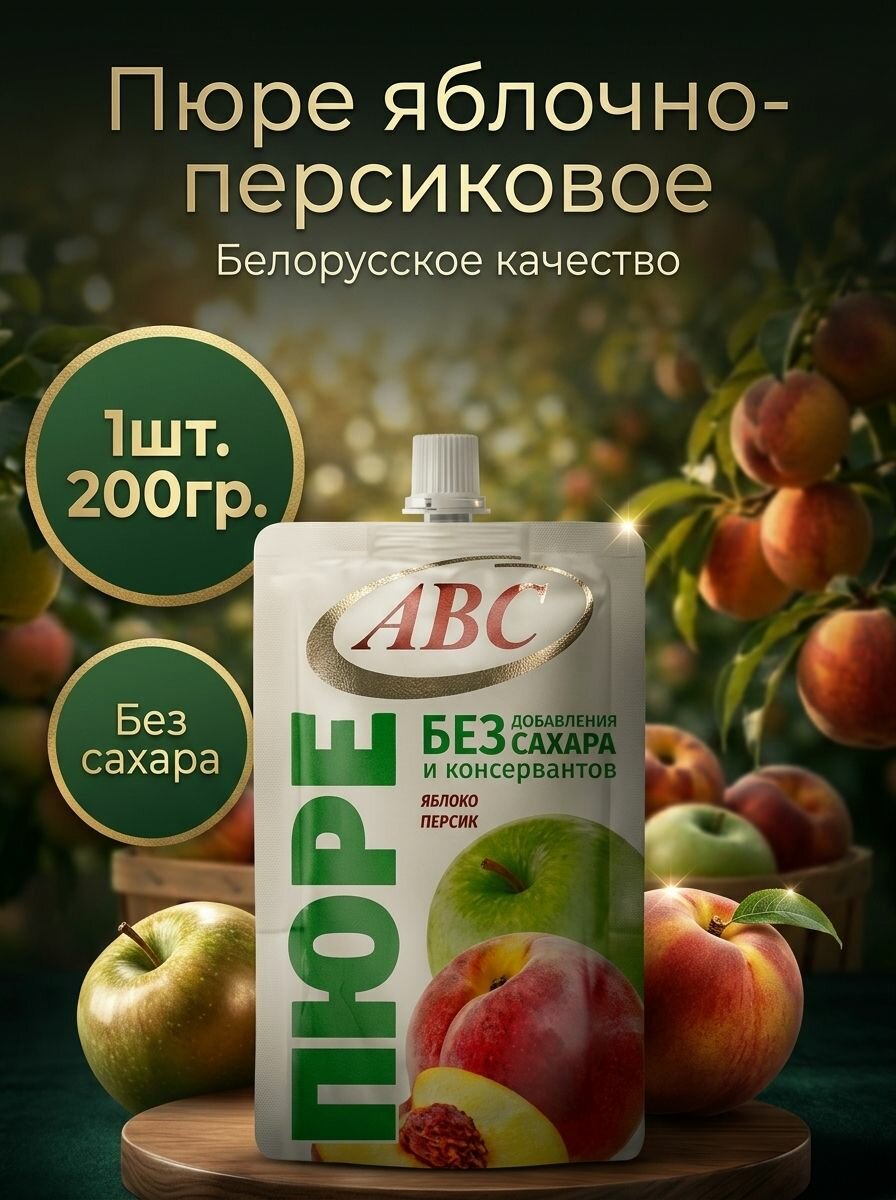"АВС" Пюре Яблоко - персик, без сахара 1шт. 200гр.