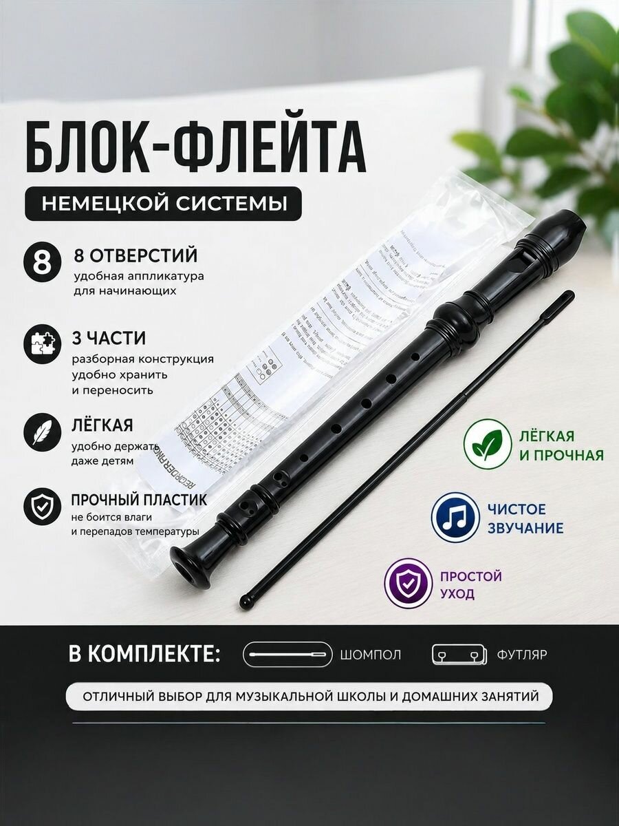 Блок-флейта немецкой системы, 8 отверстий, 3 части с шомполом и футляром профессиональный инструмент для занятий музыкой. Черная