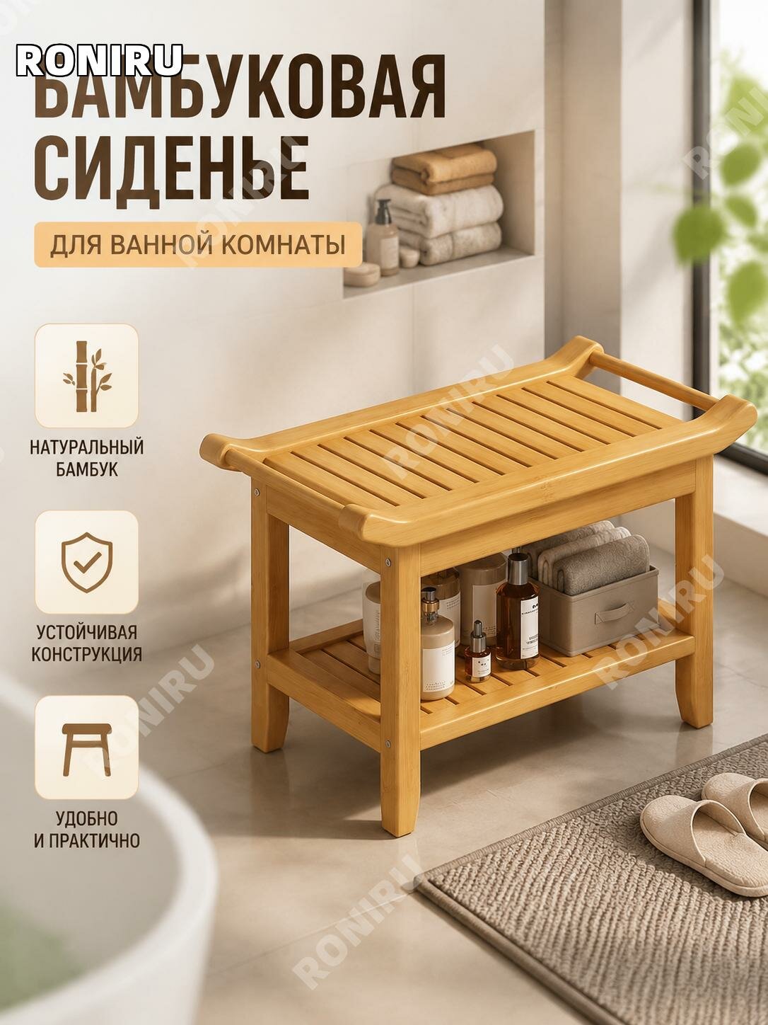 Бамбуковая скамья для ванной50 см, нескользящая, с поручнями, натуральный цвет