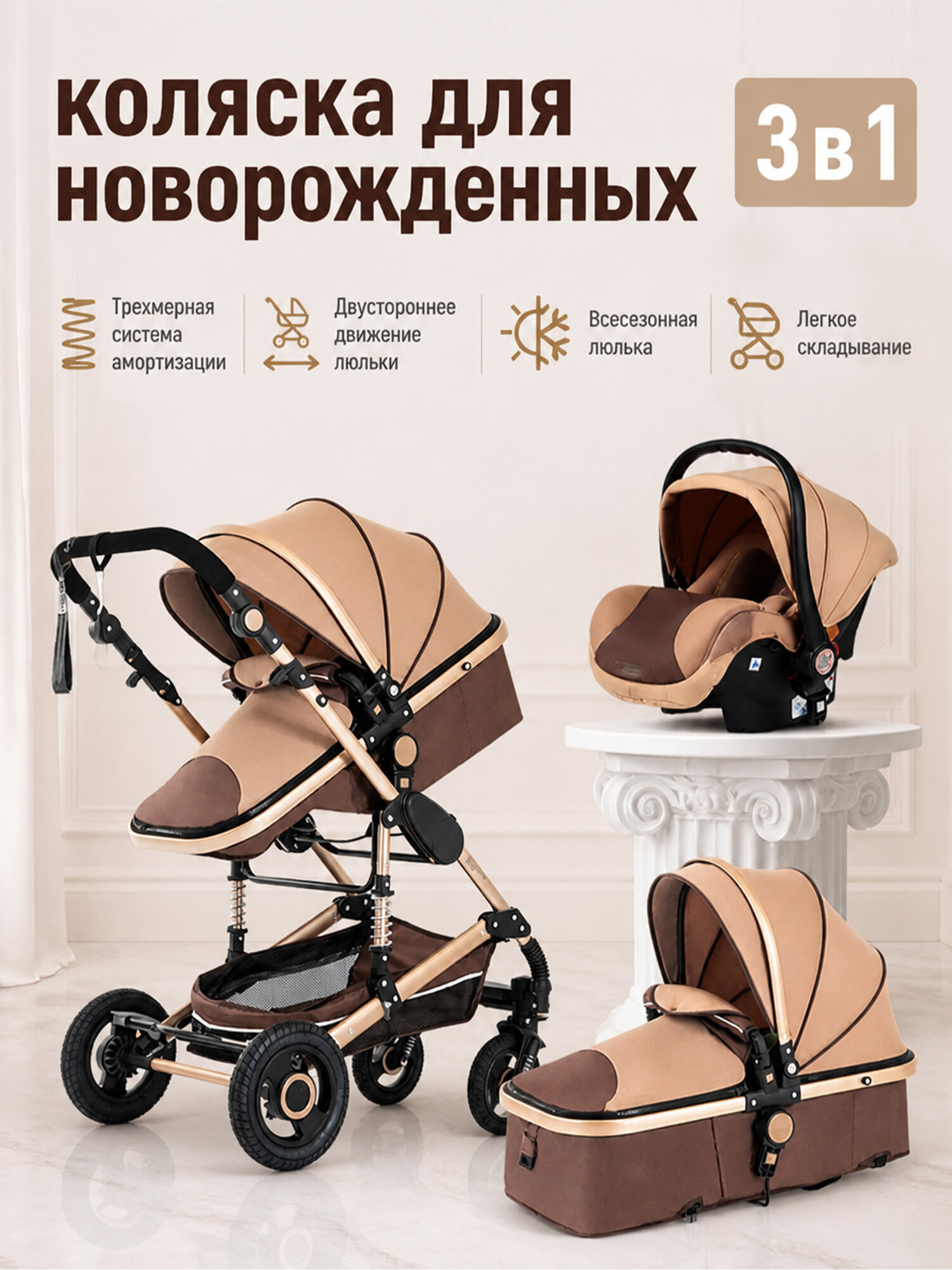 Универсальная коляска 3 в 1 с большими колесами и двойной защитой для новорожденных, легкий механизм складывания, 5 уровней наклона, идеальна прогулок с малышом!