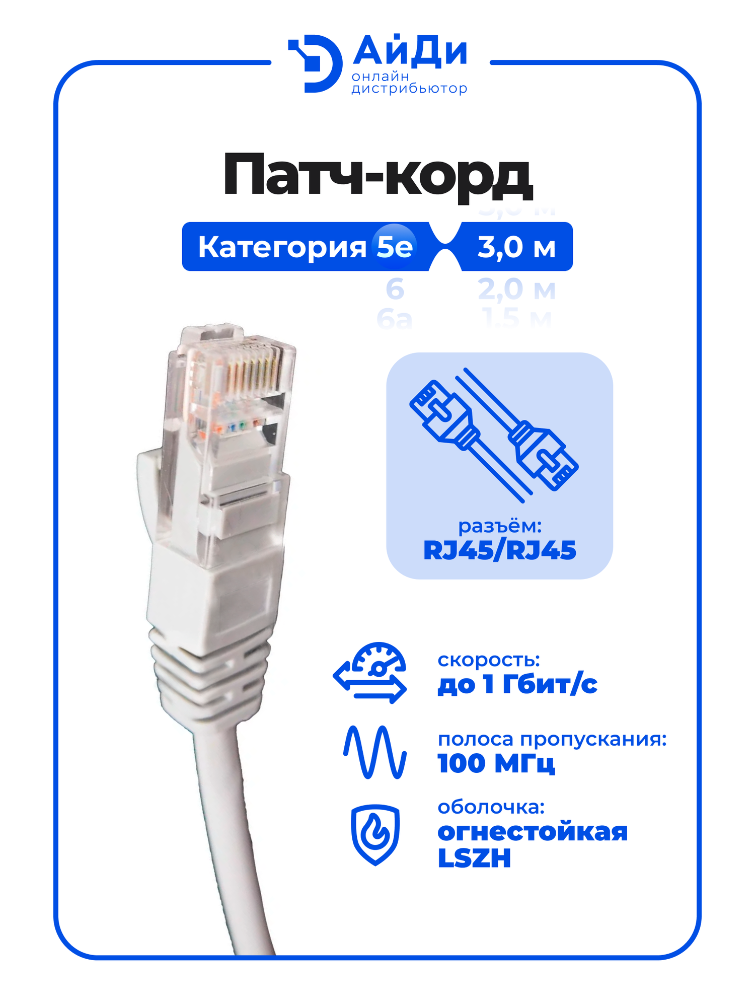 Интернет-кабель, категория 5е, неэкранированный, U/UTP, RJ45-RJ45, 100 МГц LSZH, AWG24 3м, белый