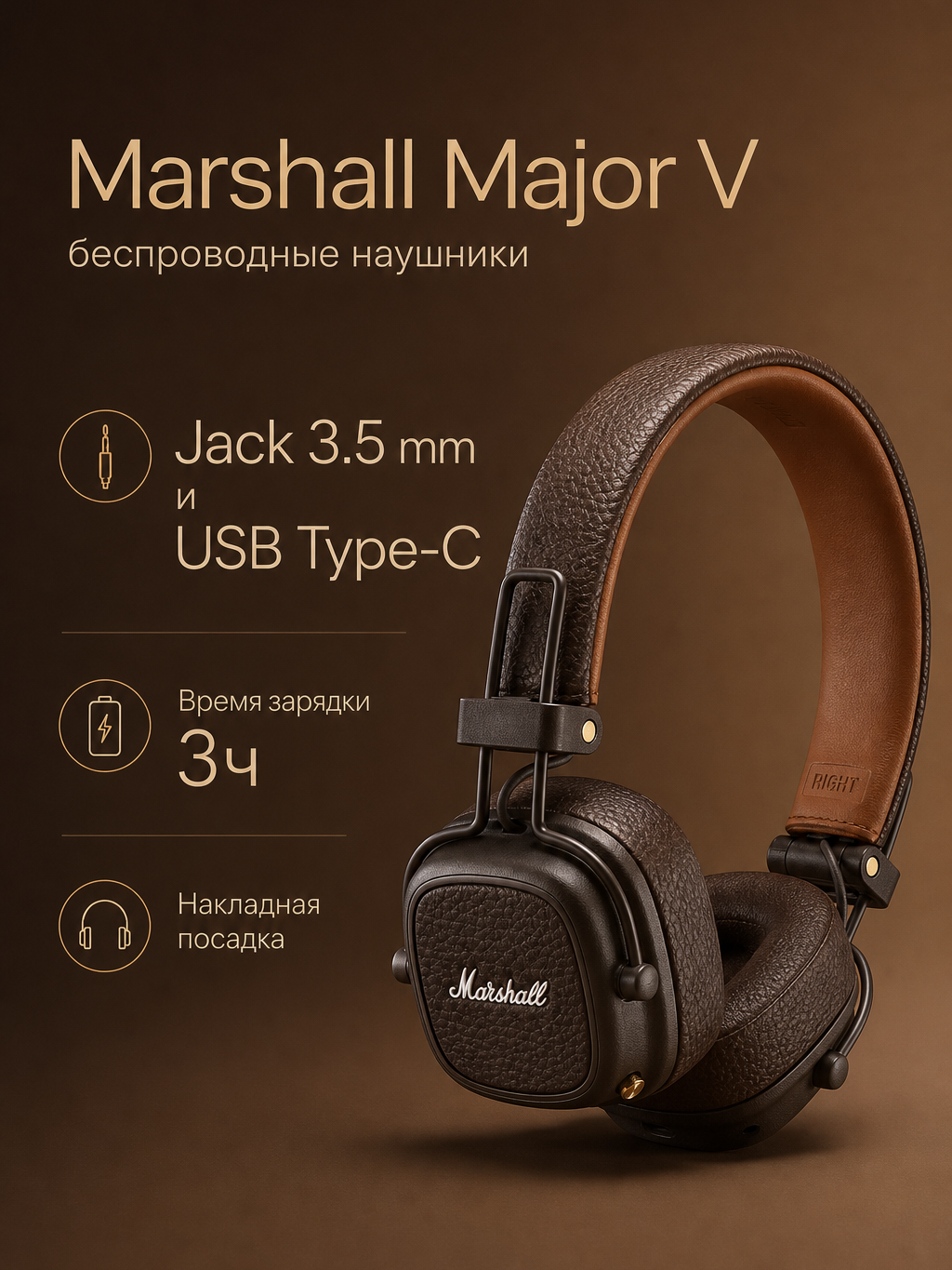 Наушники Marshall Major V, беспроводные/проводные, коричневые