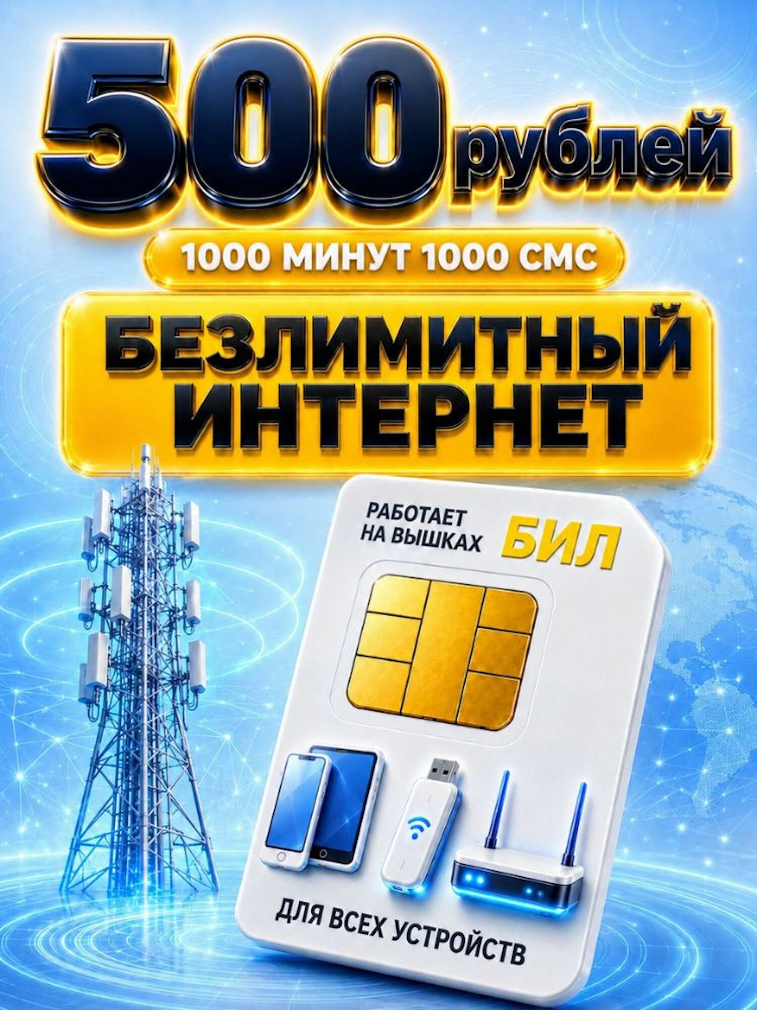 Сим карты с Безлимитным интернетом по РФ - тариф 500 руб в мес для любых устройств роутер модем YV2BL