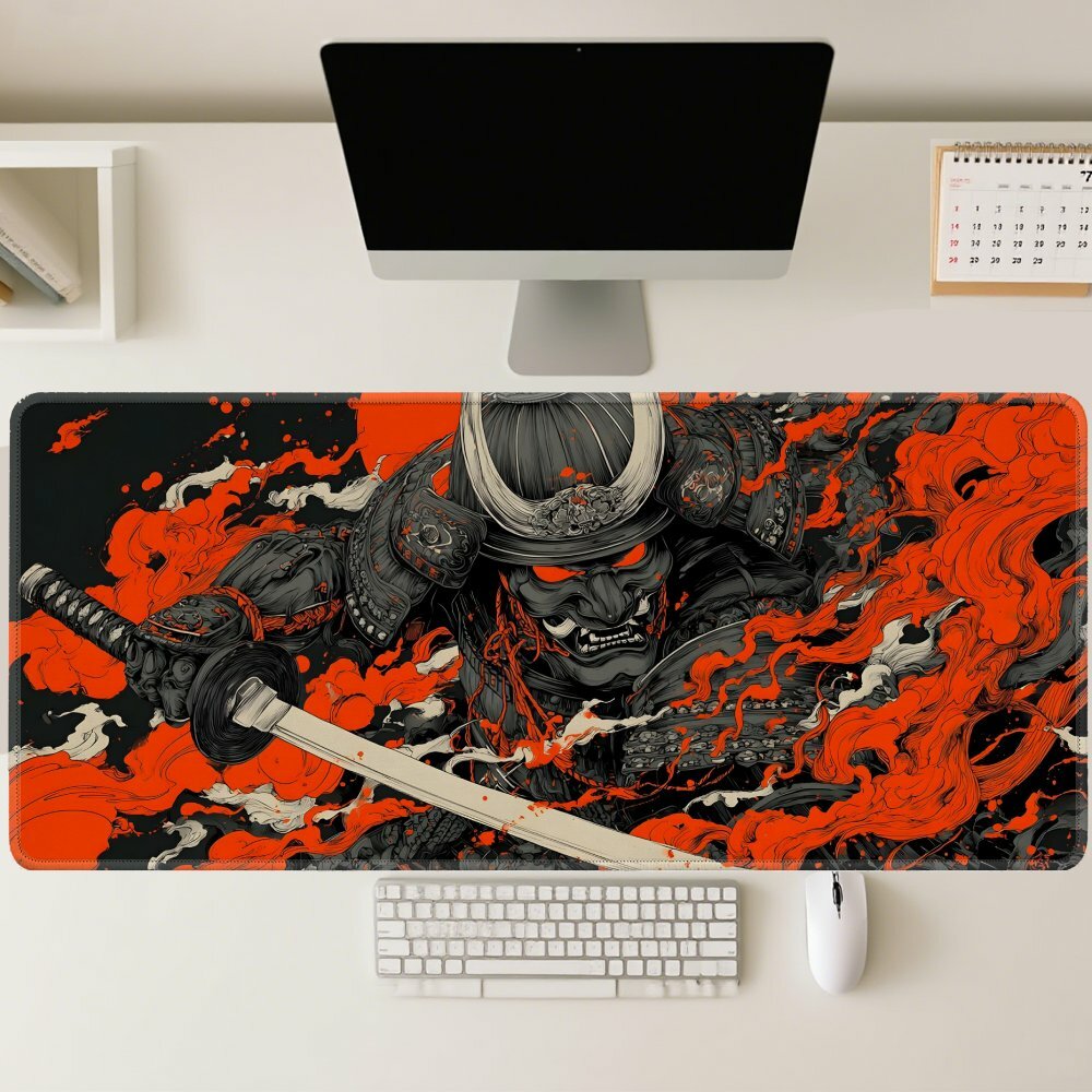 Игровой коврик для мыши XXL 30x60 см, аниме-самурай с красно-черным воином и катаной, нескользящая резиновая основа, моющаяся поверхность