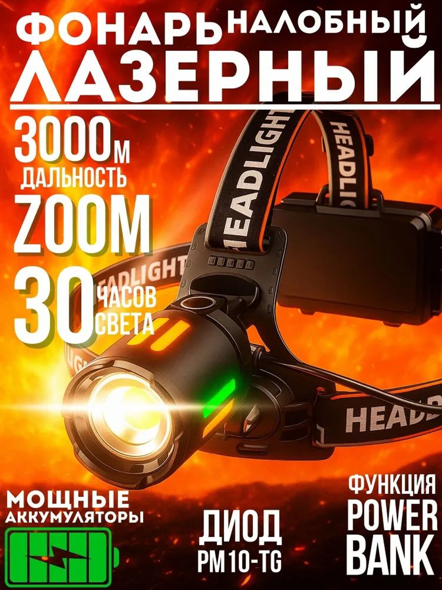 Фонарь налобный Headlamp HT-T66D, аккумуляторный, светодиодный, дальность освещения 5000 м
