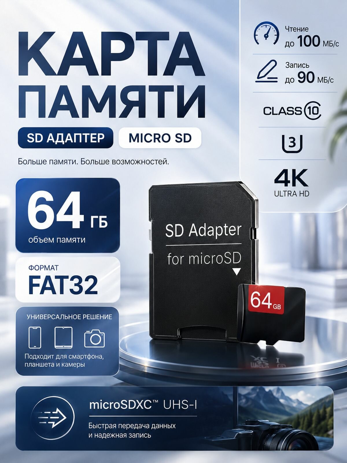 64 ГБ Карта памяти microSDXC Canvas Select, Class 10, V10, запись - 80 Мбайт/сек, чтение - 90 Мбайт/сек, Карта памяти - 1 шт, адаптер SD - 1 шт.