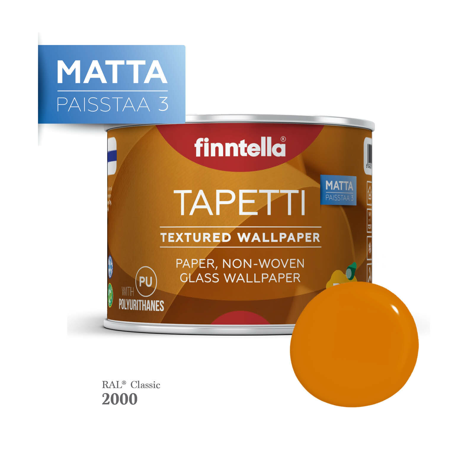 Матовая краска для обоев под окраску TAPETTI Matta FINNTELLA, Цвет RAL 2000 Желто-оранжевый (Yellow orange), 0,45л
