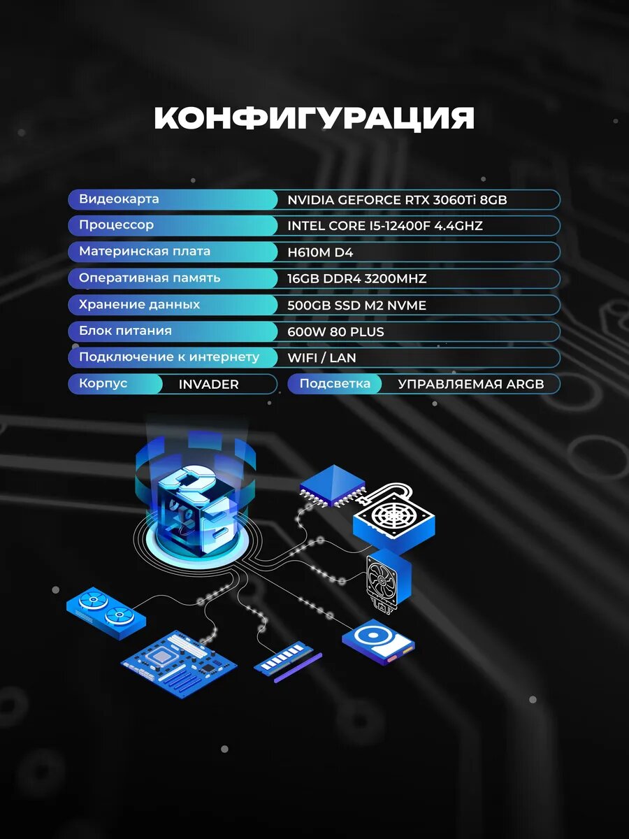 Системный блок мощный ПК, NVIDIA GeForce RTX 3060 TI, Intel Core i5-12400F, DDR4 16 ГБ, SSD 512 ГБ — фото 1