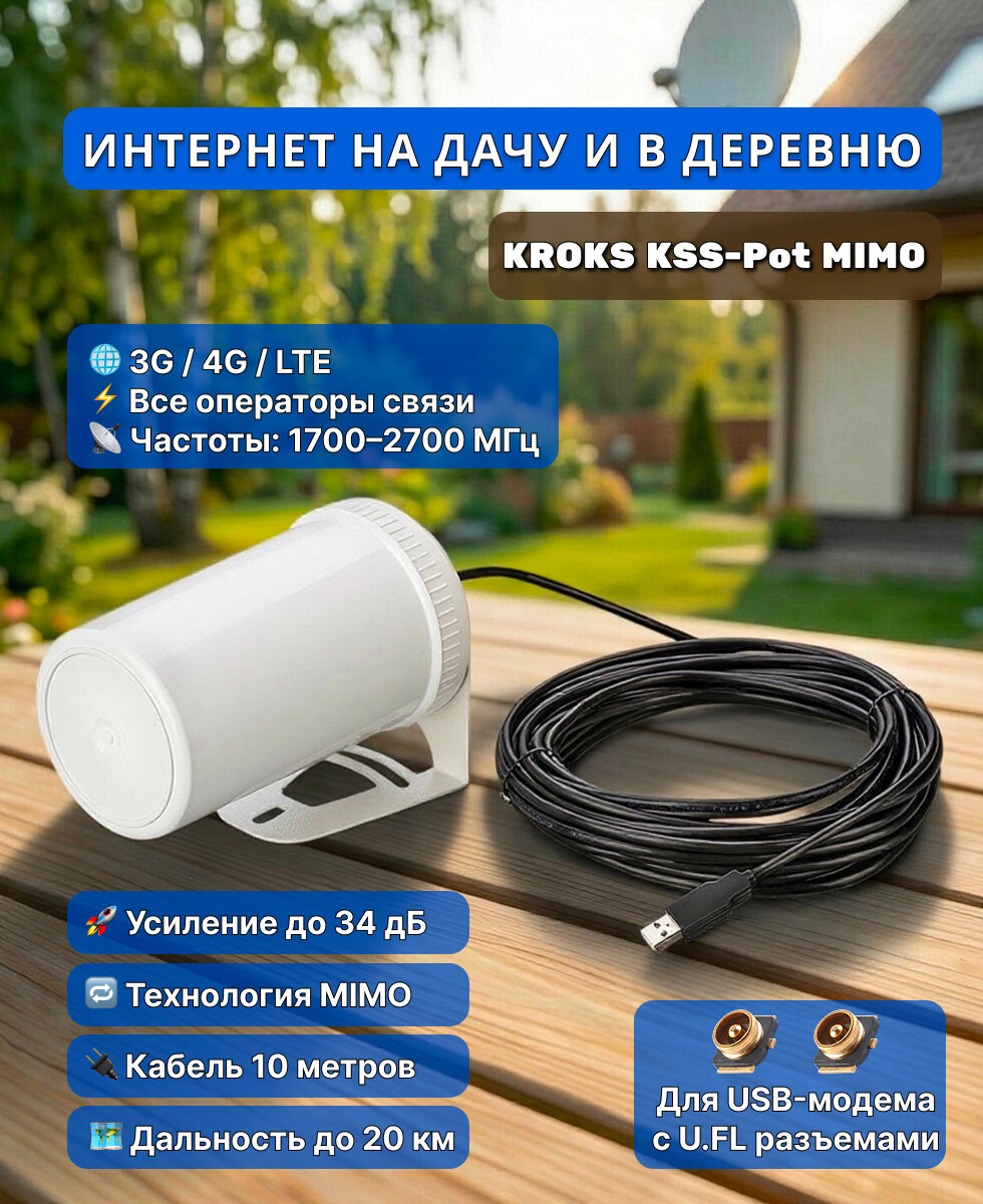 Облучатель спутникового рефлектора в герметичном боксе для установки USB модема, KROKS KSS-Pot MIMO (U.fl)