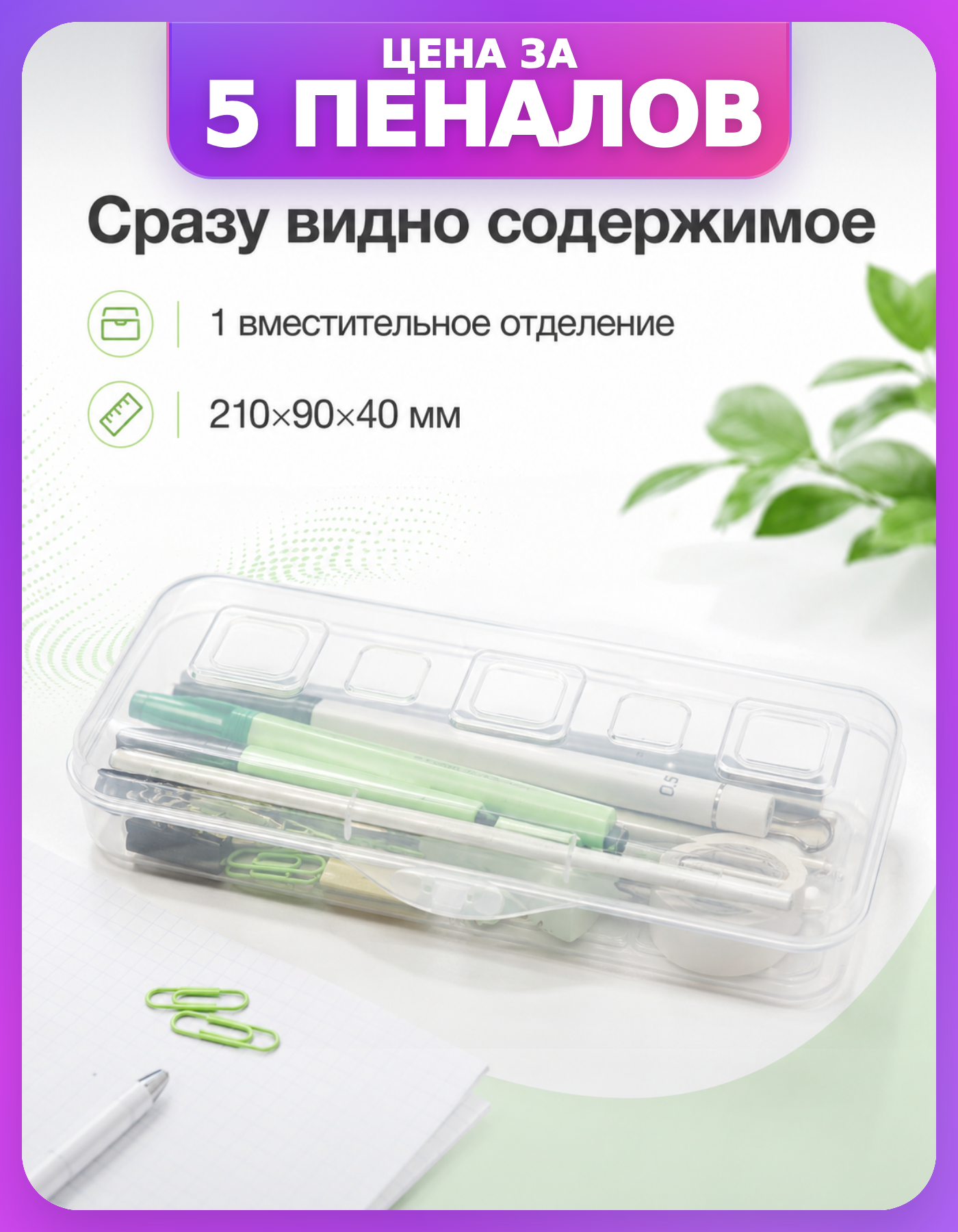 Пеналы СТАММ прозрачные для канцелярии, 5 шт