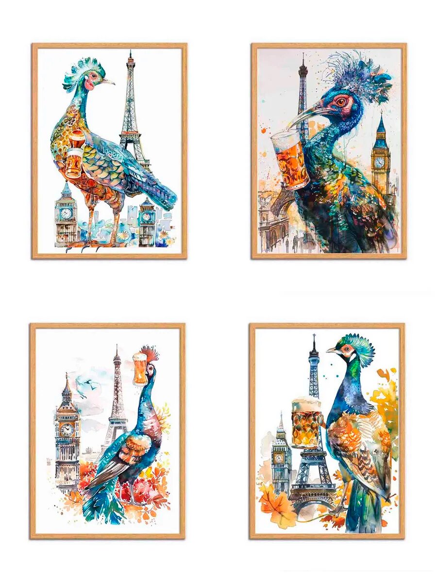 Птичка пава Пьет Пиво, 4 Плаката, 30x21см