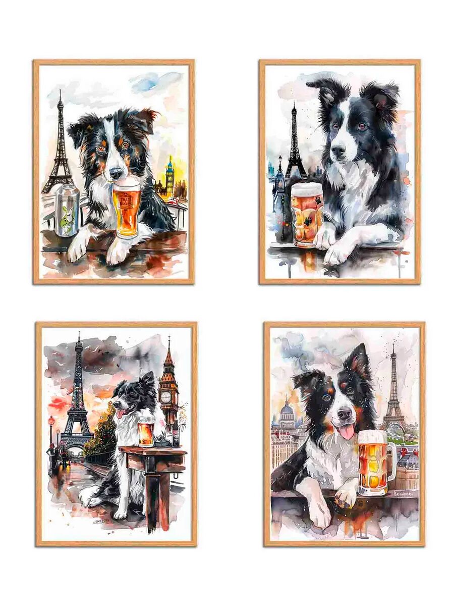 Бордер-колли Пьет Пиво, 4 Плаката, 30x21см