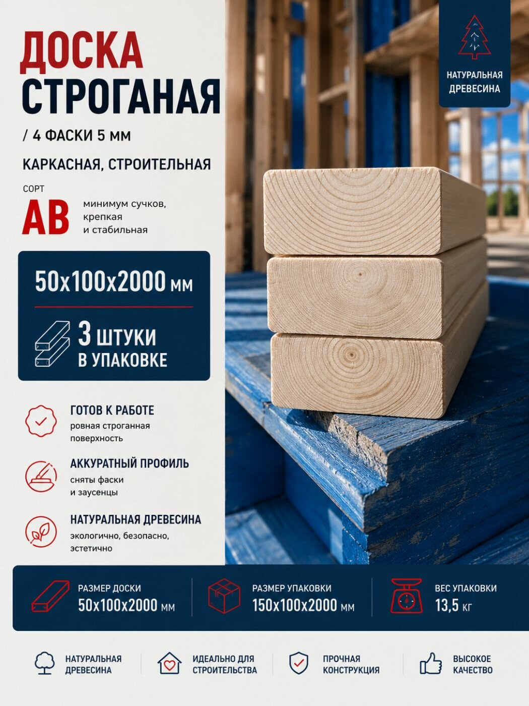 Доска строганая 4 фаски 5 мм, каркасная, строительная, сорт АВ, 50*100*2000, пачка 3шт