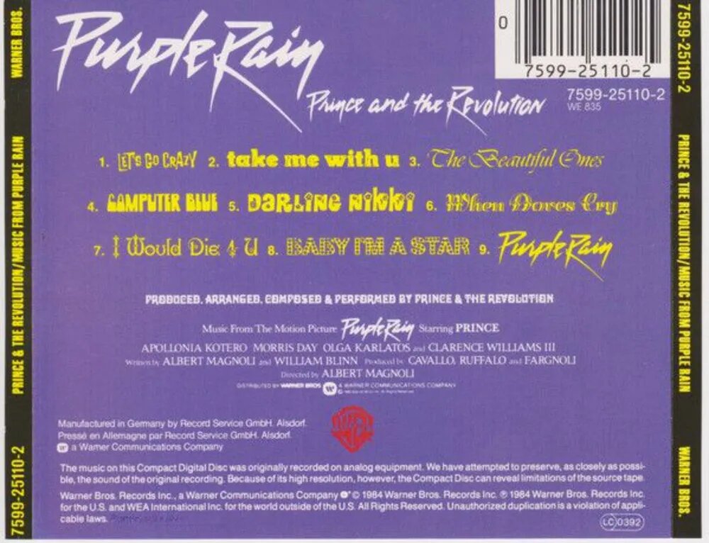 Музыкальный CD Prince And The Revolution - Purple Rain (Warner Bros. Records, Europe) — фото 1