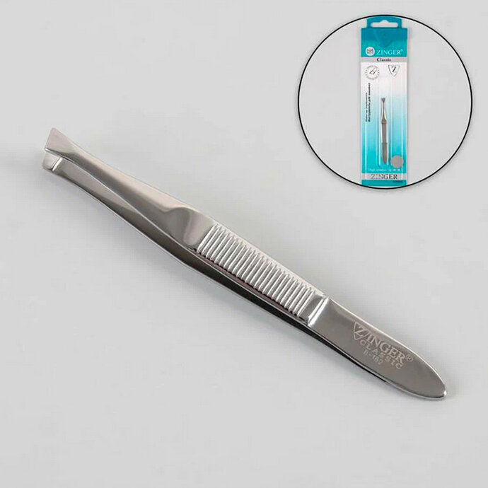 Пинцет для бровей Zinger B-162, нержавеющая сталь, рифленые, скошенный, 76-78 мм