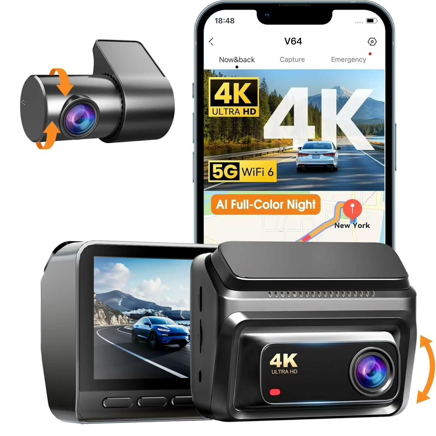 Видеорегистратор для автомобиля с 2 камеры и ночной съемкой, 4K + 2K WiFi GPS