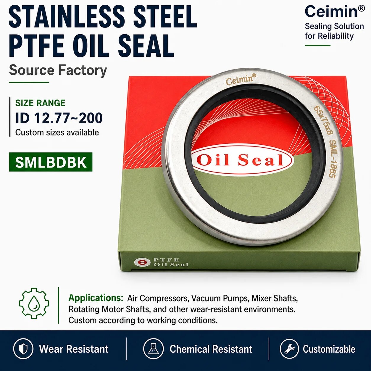 Сальник Ceimin ID12.77~200 SMLBDBK из PTFE 38X55X7