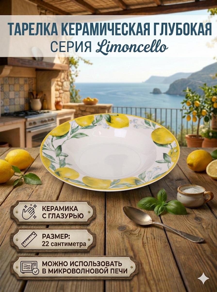 Тарелка глубокая керамическая «Limoncello» 22 см, для супа и пасты, с рисунком лимонов, цвет белый с жёлтым
