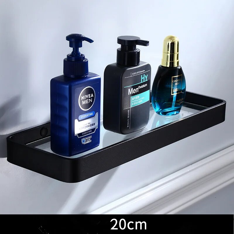 Черная полка для ванной 20 см стеклянная