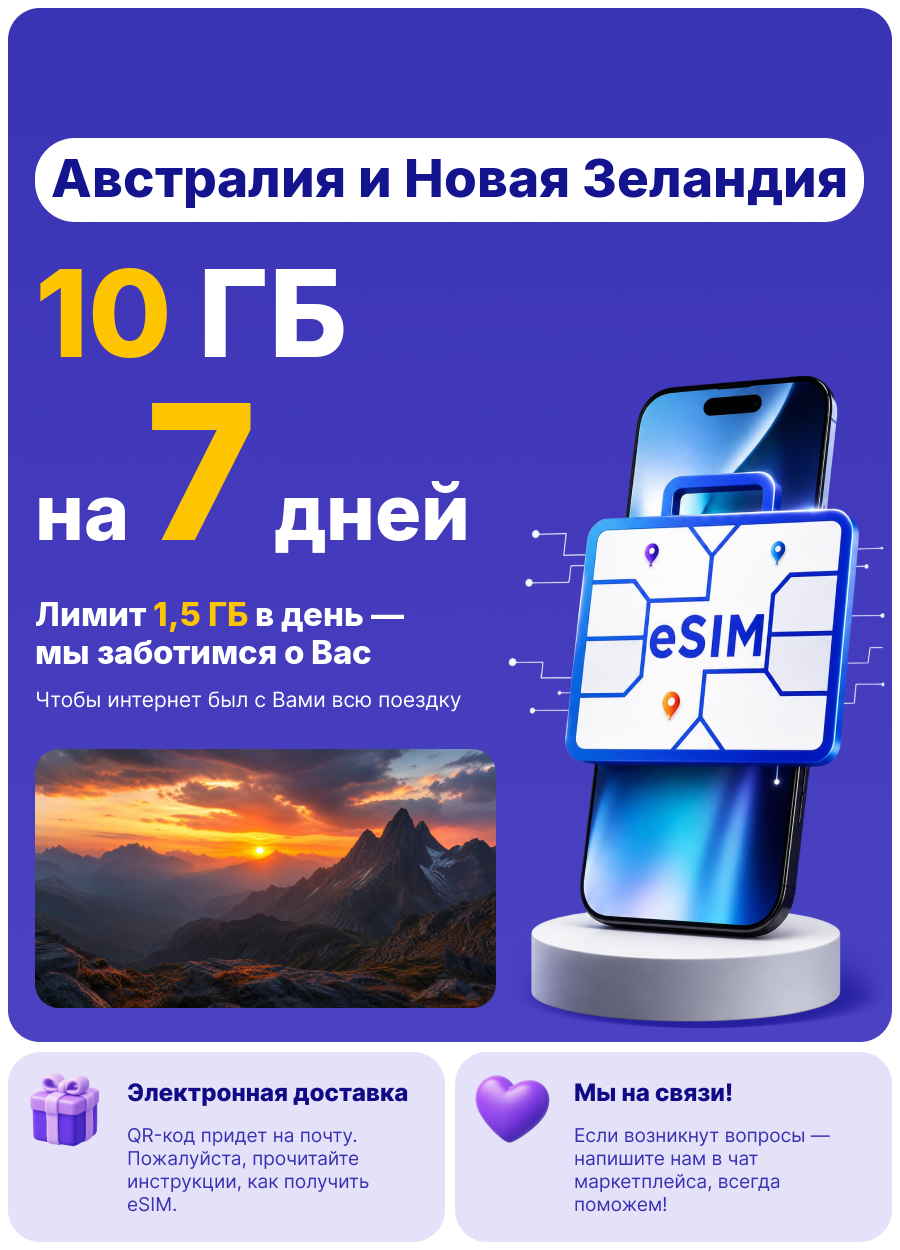 Австралия и Новая Зеландия eSIM-карта 10 ГБ на 7 дней