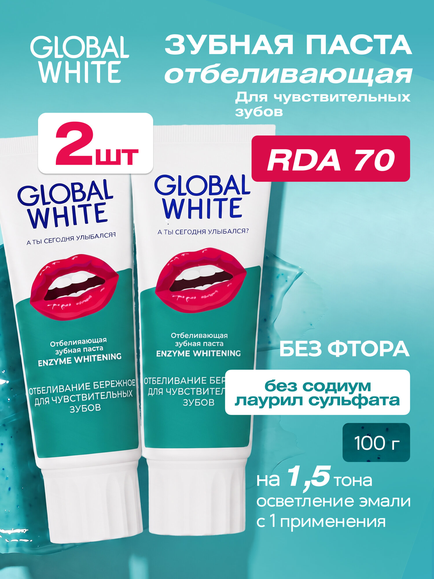 Зубная паста Global White "Enzyme" для бережного отбеливания и чувствительных зубов 2шт по 100г