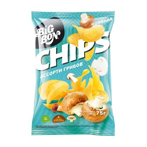 BIGBON Чипсы из сырого картофеля со вкусом ассорти грибов, 75 г