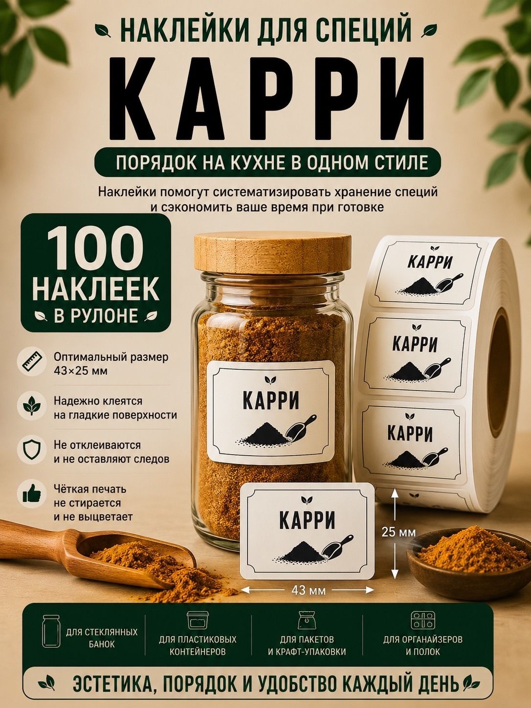 Наклейки на банки для специй, этикетки Карри, термоэтикетки 100 шт.