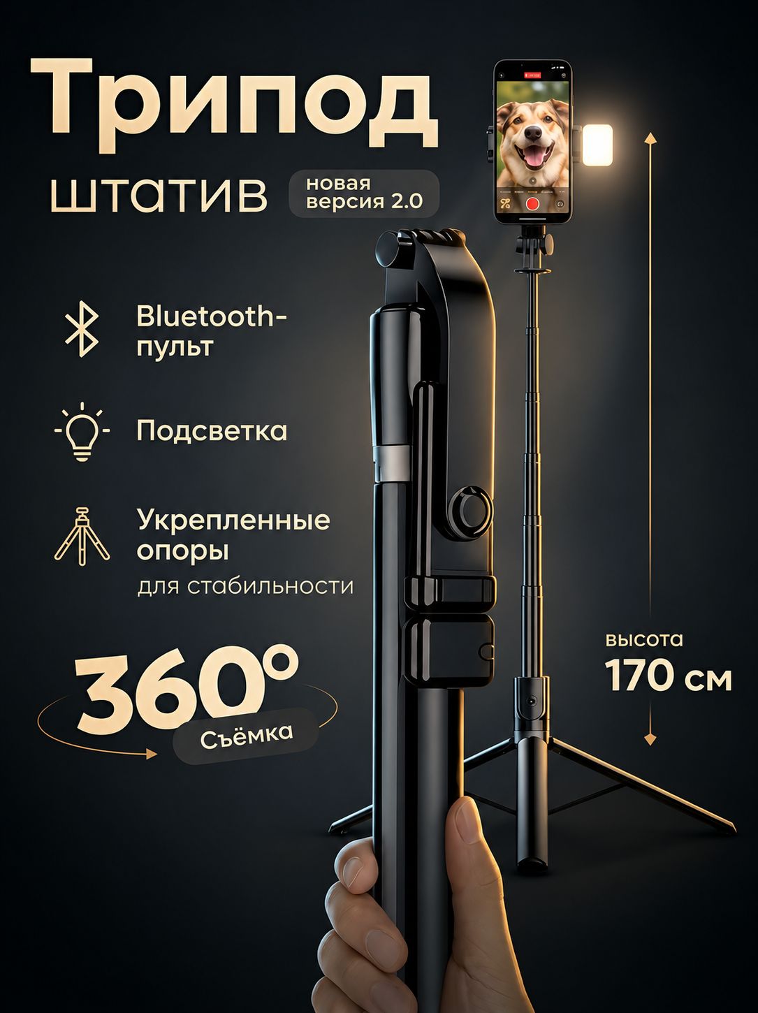 Штатив для телефона 173 см, напольный, настольный, трипод с лампой, монопод, селфи палка для смартфона