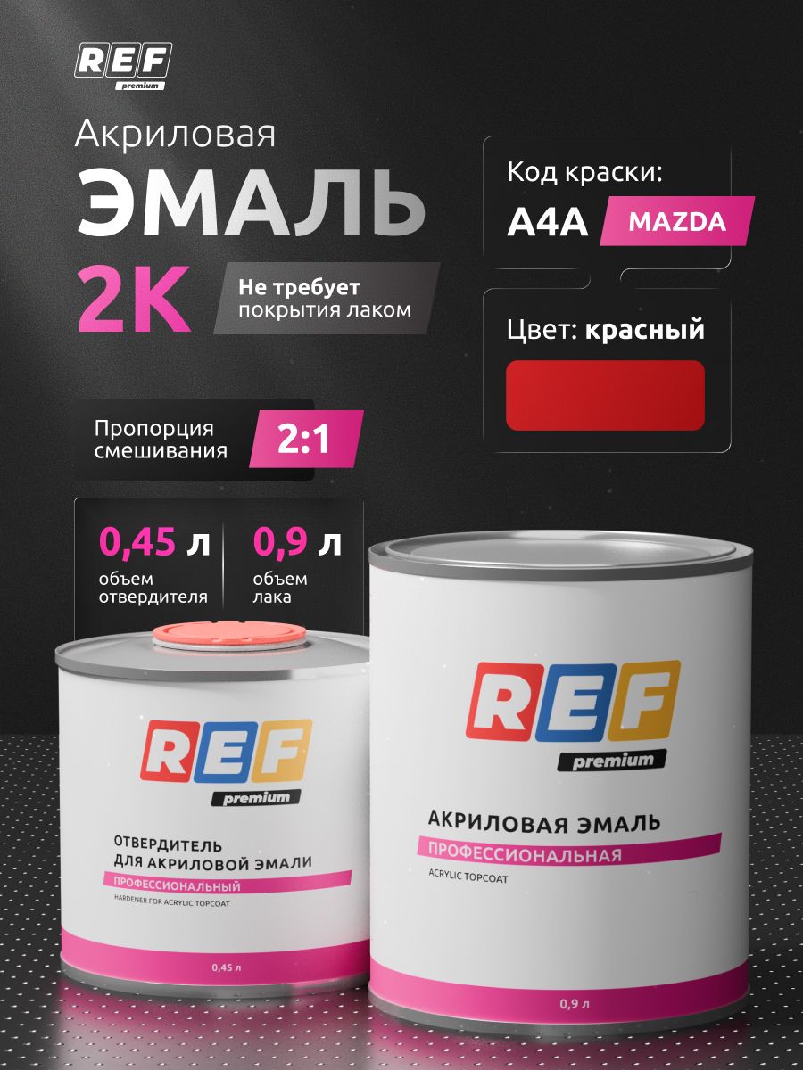 Краска автомобильная 2К красная Mazda А4А комплект 2:1: эмаль 0,9л + отвердитель 0,45 л / REF / акриловая эмаль