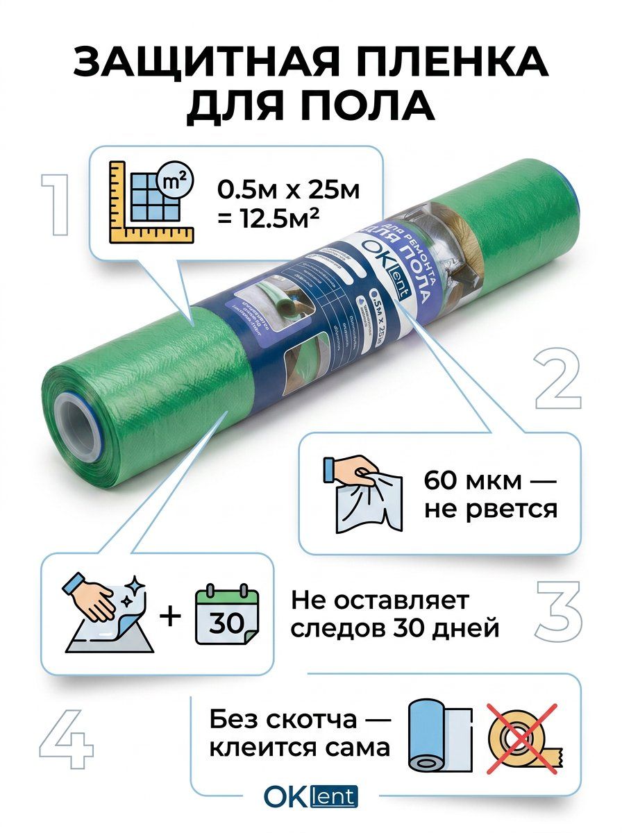 Защитная самоклеящаяся плёнка для ламината, паркета и линолеума 0,5х25 м, 60 мкм, 12,5 м