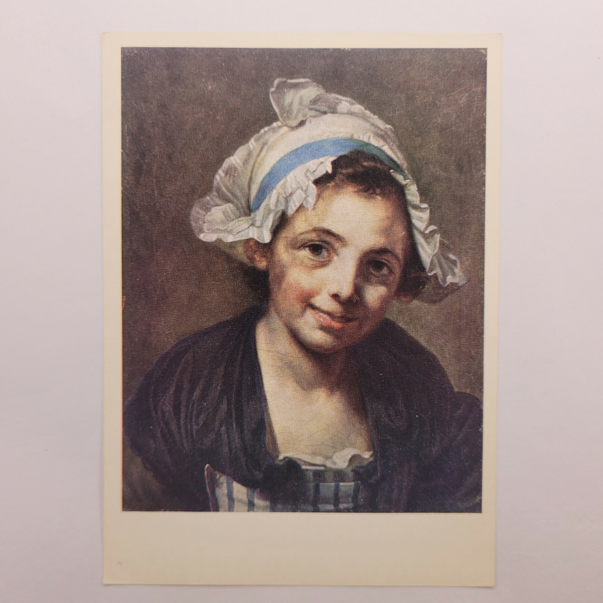 Открытка советская СССР. Голова девушки в шляпе, живопись XVIII века. Винтаж