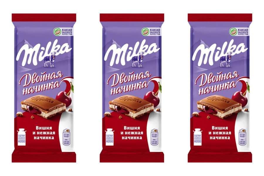 Милка молочный шоколад Вишня и Нежная начинка, 80 г, 3 шт