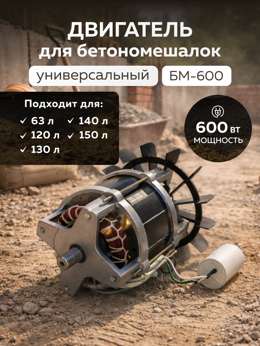 Двигатель универсальный БМ-600 для бетономешалок, мотор для бетоносмесителя, мощность 600 Вт