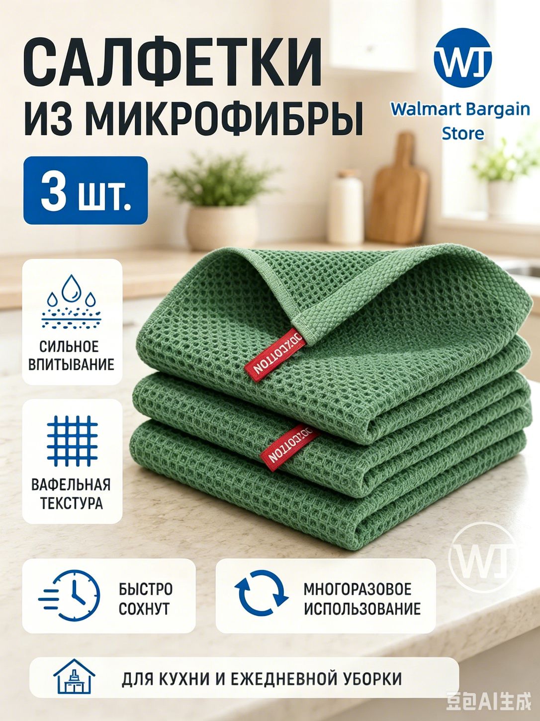 Полотенце кухонное 34x34 3 шт вафельная фактура хлопок зеленый