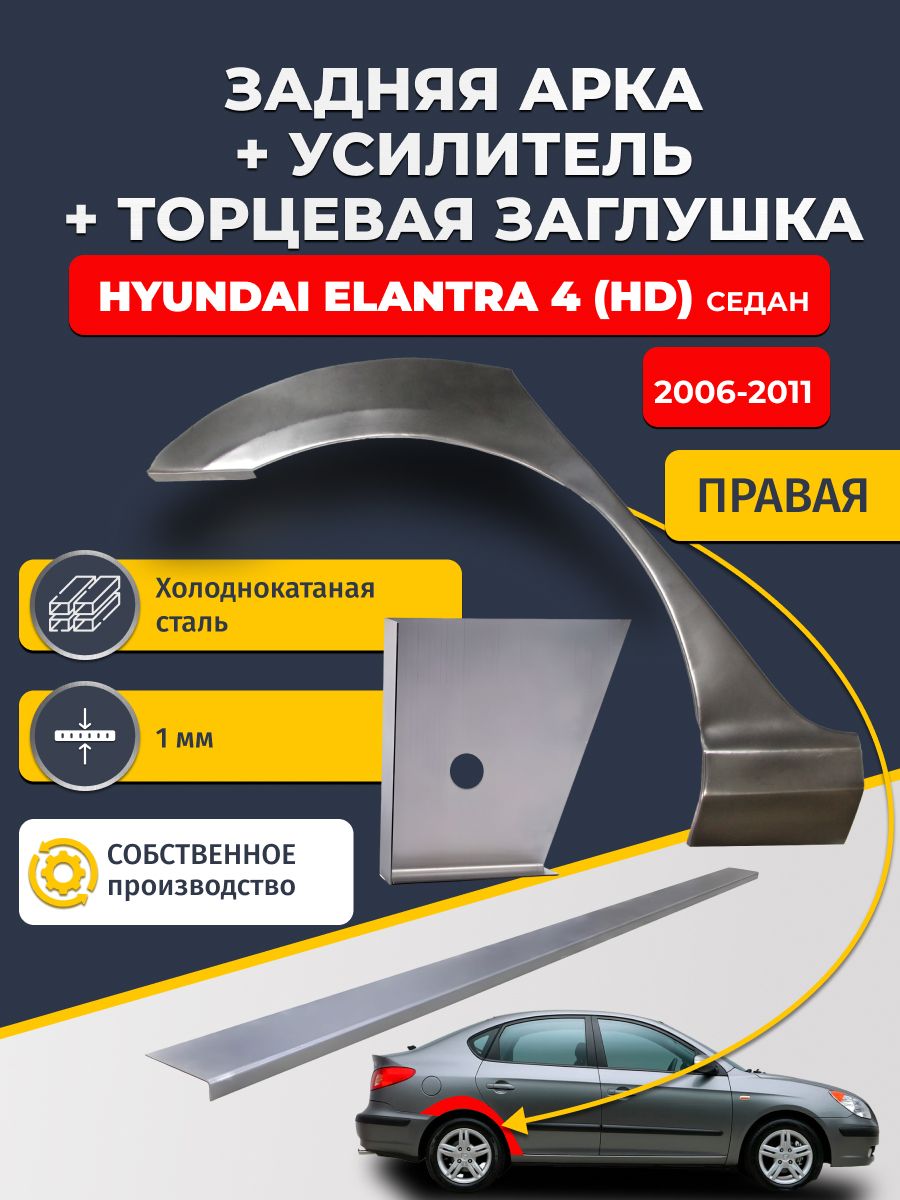 Правая ремонтная задняя арка (0,8 мм) + торцевая заглушка (1 мм) + усилитель (1 мм) на Hyundai Elantra 4 HD 2006-2011 седан (Хендай Элантра 4). Холоднокатаная сталь