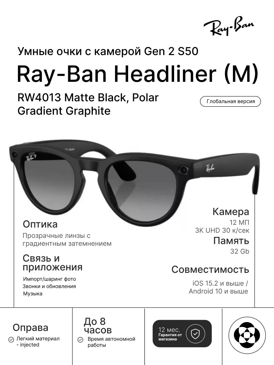 Умные очки Ray-Ban Headliner Gen 2, RW4013 S50 (M) Matte Black/Polar Gradient Graphite