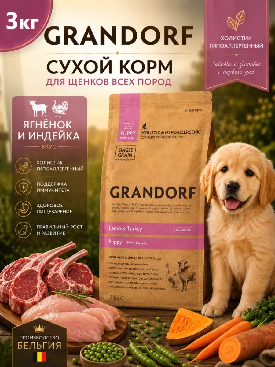 Сухой корм для щенков всех пород ягненок, индейка 3 кг
