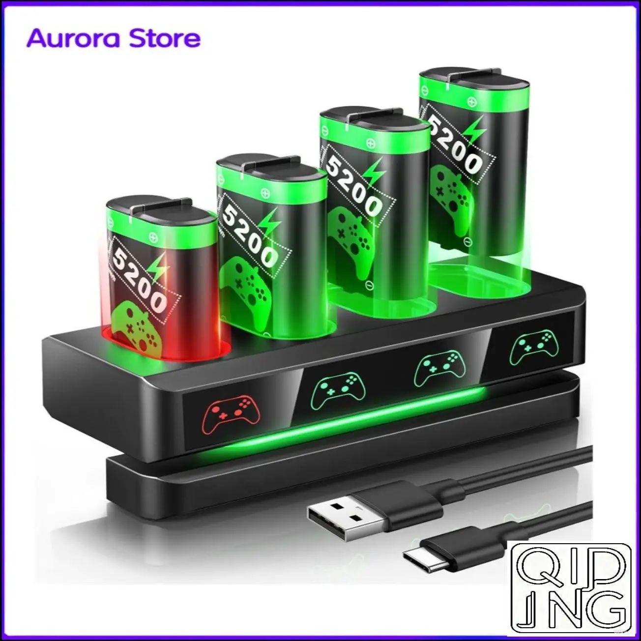 4 аккумулятора + зарядная база для Xbox One/Series X/S , 5200 mWh , Комплект для геймпада , Быстрая зарядка , Чёрные