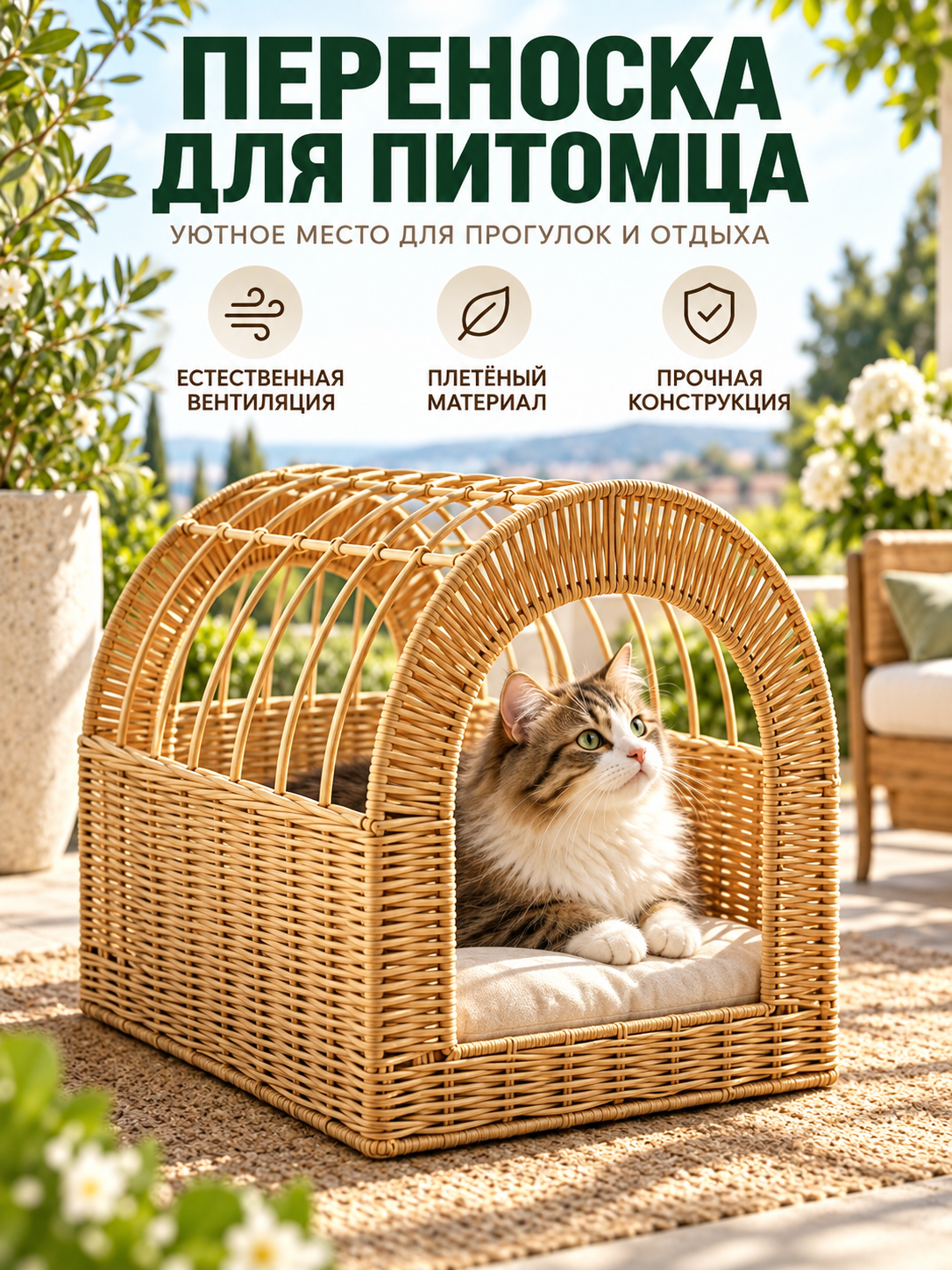 Переноска для питомца на колёсах плетёная с мягкой подушкой для кошек и мелких собак