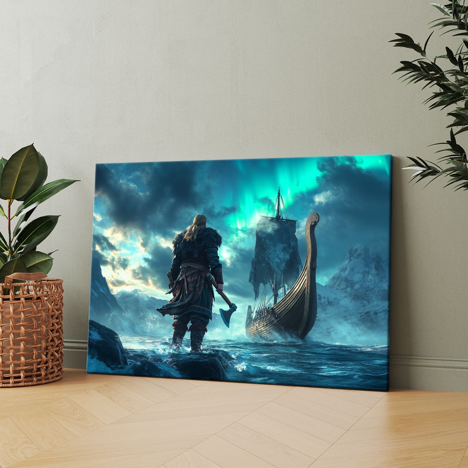 Картина на холсте (викинг, драккар, море, топор, полярное сияние, скандинавия, путешествие) 50x70 см. Интерьерная на стену. Украшение в комнату.