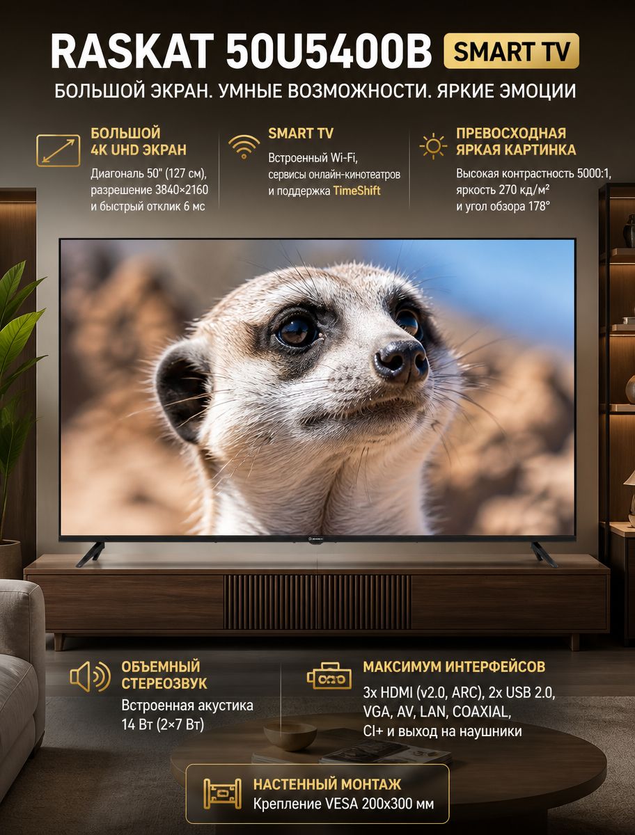 Телевизор RASKAT 50U5400B 50" (127 см) 4K Ultra HD, Smart TV YaOS (Яндекс), Wi-Fi