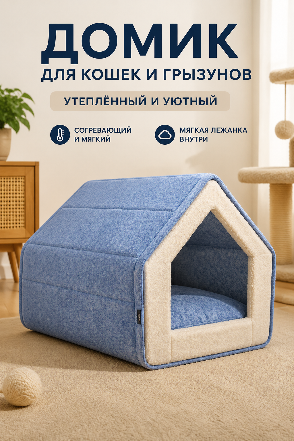 Домик для кошек и грызунов из фетра, утеплённый, с мягкой лежанкой, голубой