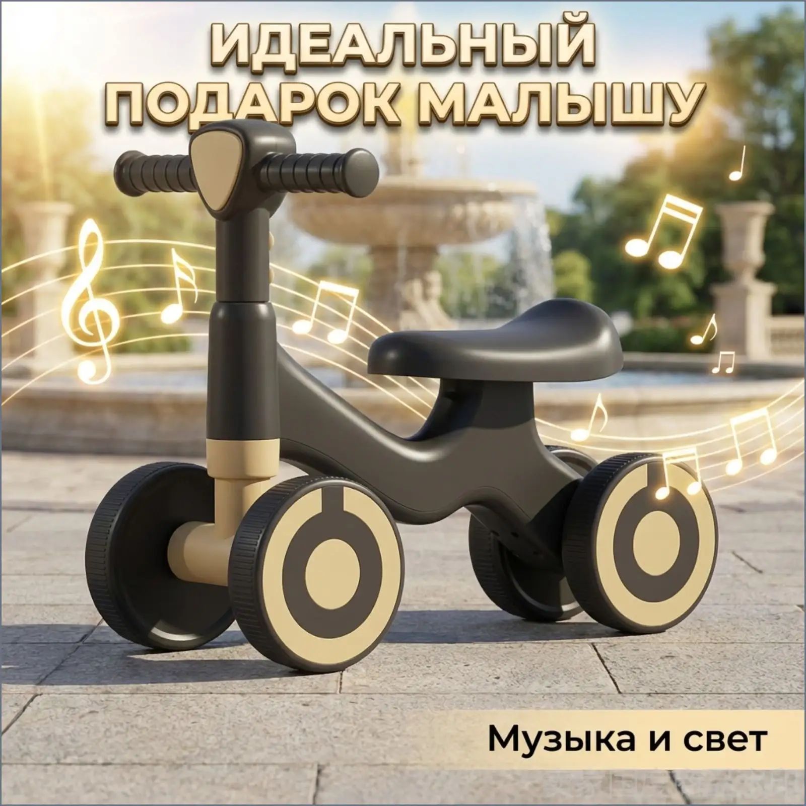 Детский четырехколесный беговел с музыкой и светом, защита от опрокидывания, тихие колеса, легкая каталка для малышей от 1 до 3 лет, уличный транспорт.