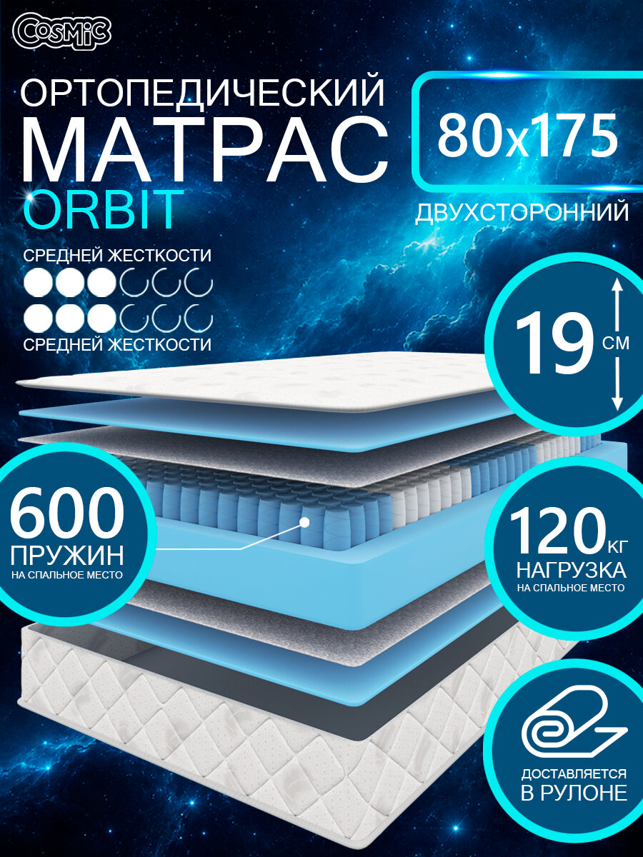 Матрас Cosmic Orbit 80x175 см, пружинный, средней жесткости, высота 19 см, анатомическая поддержка
