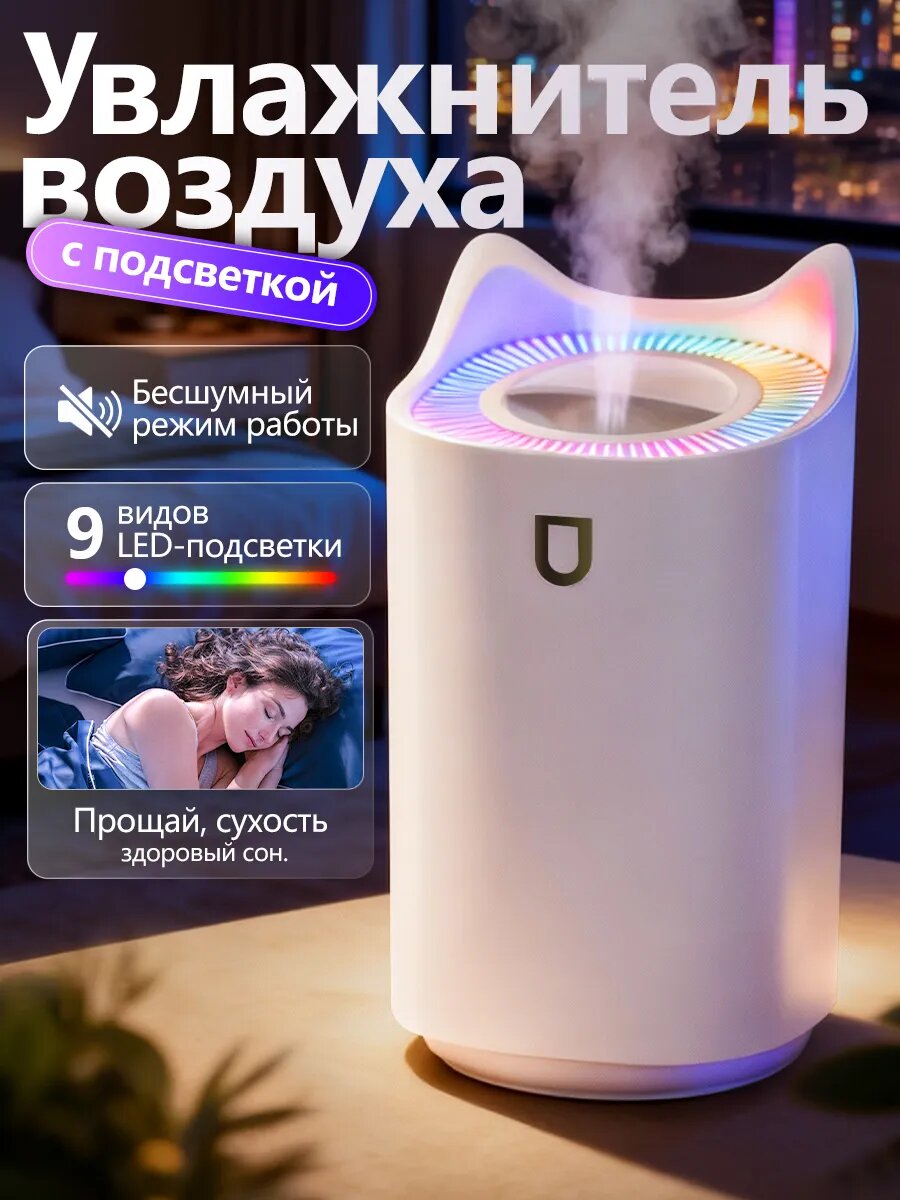 Увлажнитель воздуха ультразвуковой с подсветкой настольный бесшумный
