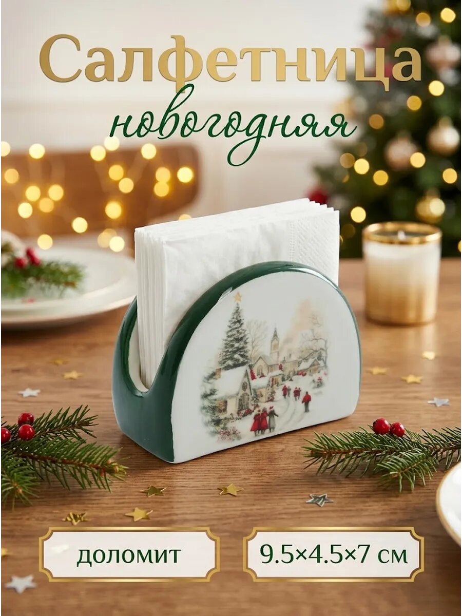 Салфетница новогодняя Доляна «Праздник к нам приходит» 9.5×4.5×7 см, доломит, белая, зелёная